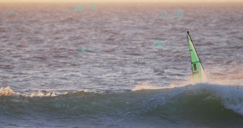 Windsurfer Riding Wave with Digital Data Animation Over Ocean Scene ...