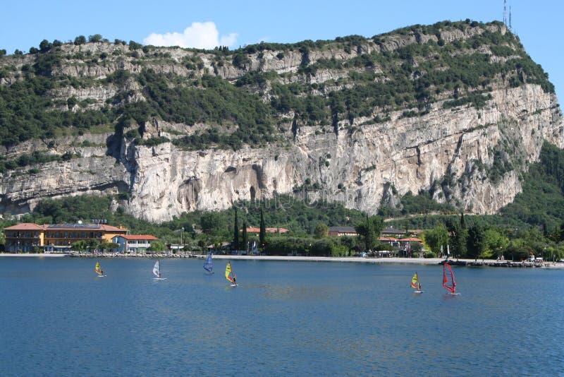 Windsurfers,Torbele, Lake Garda, Italy. Stock Image - Image of sail ...