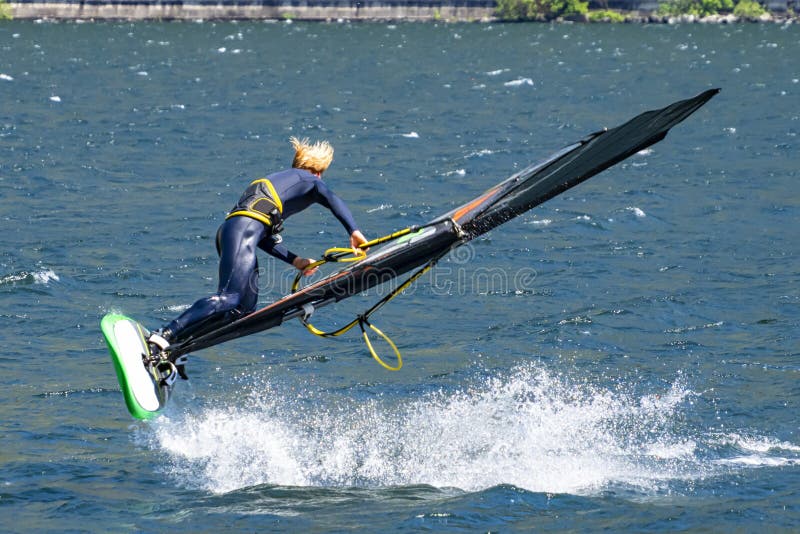 Windsurfing Scene on a Lake Stock Photo - Image of surfboard, active ...