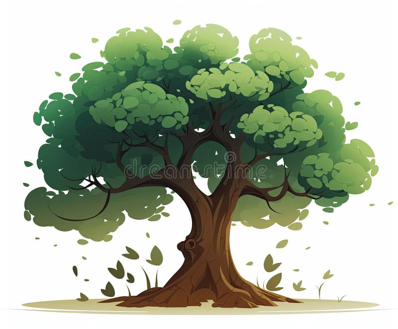 Windswept Cartoon Tree with Exposed Roots and Falling Leaves Stock ...