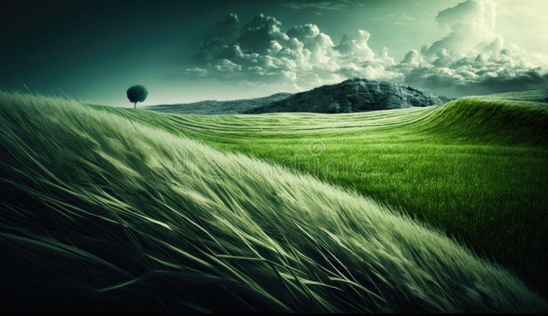 Windswept Meadows: AI-Generated Digital Art of Green Fields with Cloudy ...