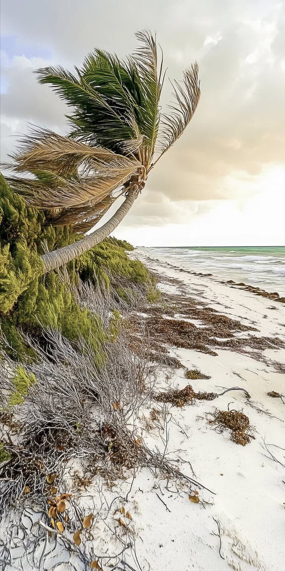 A Windswept Palm Tree Leans Over a Sandy Beach, with Ocean Waves and a ...