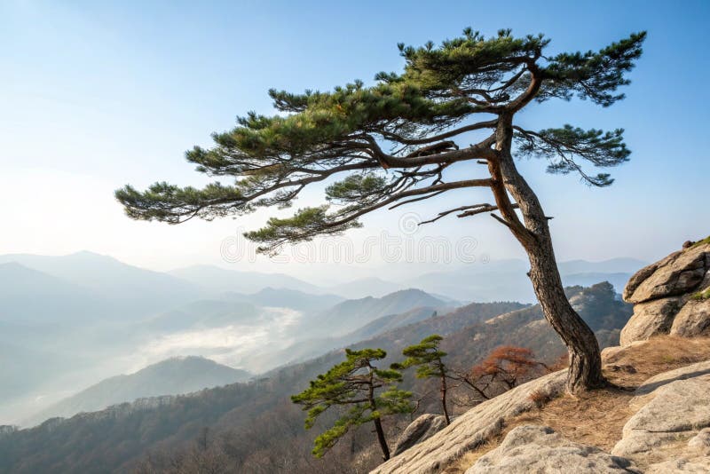 Windswept Pine Tree â€ Seorak Mountain Landscape Stock Illustration ...