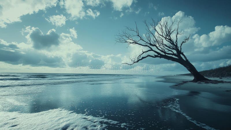 Windswept Tree on a Calm Ocean Beach Stock Illustration - Illustration ...