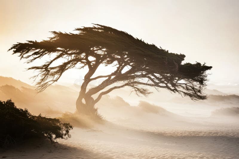 Windswept Tree in Misty Coastal Landscape at Sunrise with Dynamic Light ...