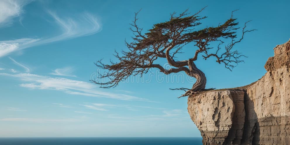 Windswept Tree on Ocean Cliff Under Blue Sky Stock Photo - Image of ...