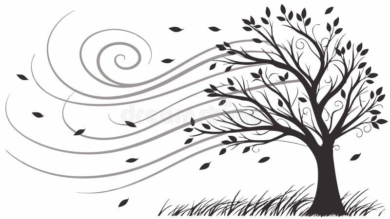 Windswept Tree in Strong Gale. Resilience of Nature, Vector Design ...