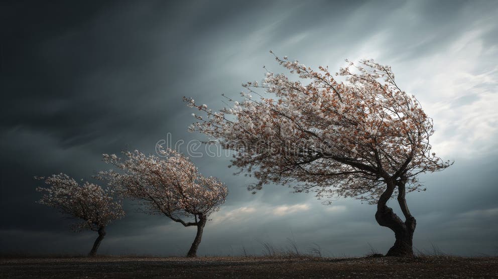 Windswept Trees Under Dramatic Cloudy Sky in Stormy Weather Scenery ...