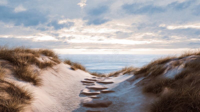 Windy Beach Path through Sand Dunes at Sunset. Neural Network AI Generated Stock Image - Image ...