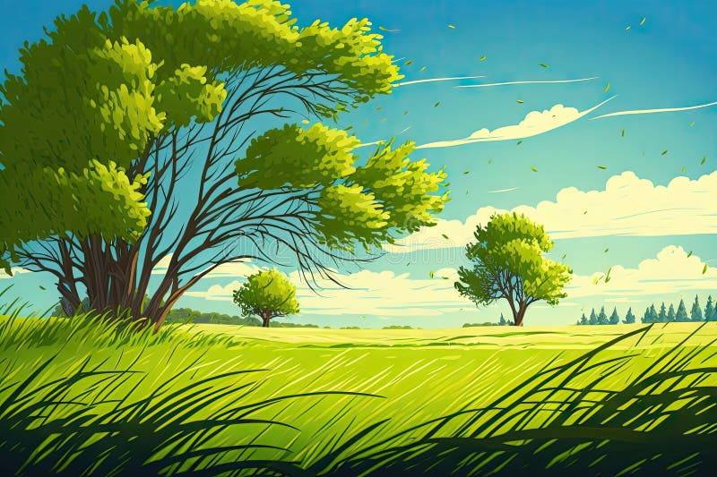 Windy Meadow with Trees and Grass Against Backdrop of Clear Sky Spring ...