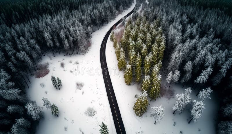 Windy Road in Snow Covered Forest, Generative AI Stock Illustration ...