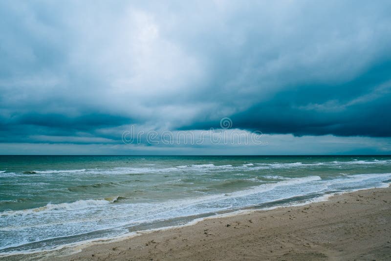 Windy Storm Beach Sea Waves with Dark Clouds Stock Photo - Image of ...