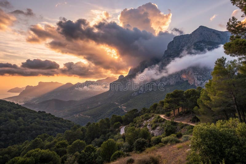 Windy Sunset with Clouds on the Mountain. First Clouds Marks the End of ...