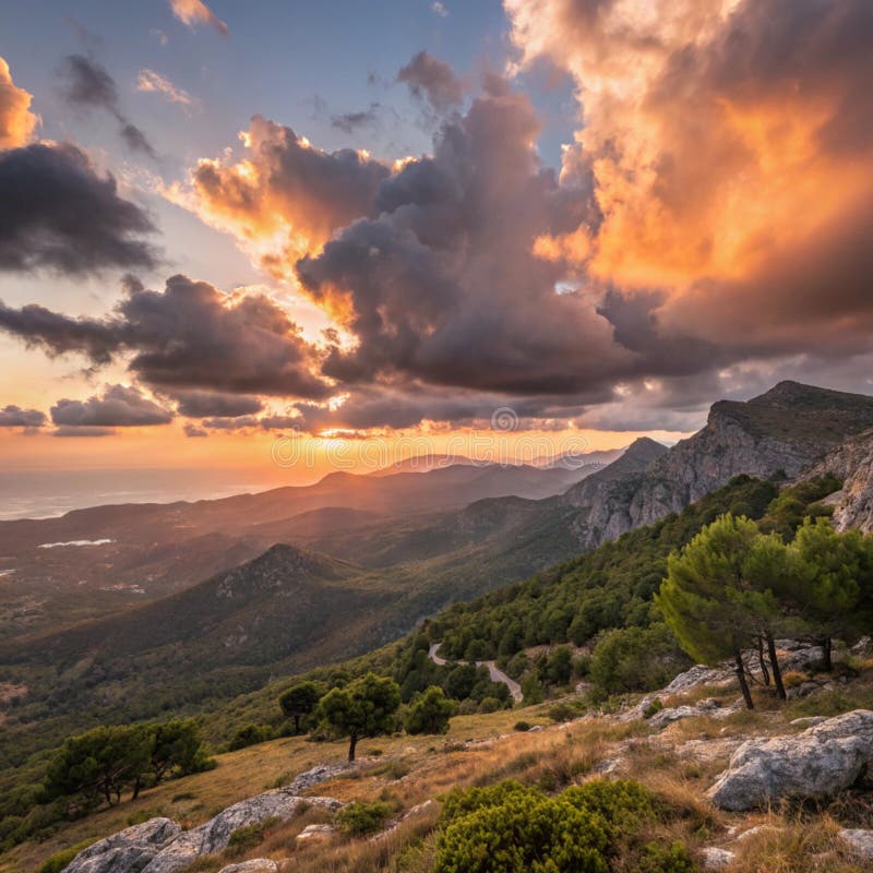 Windy Sunset with Clouds on the Mountain. First Clouds Marks the End of ...