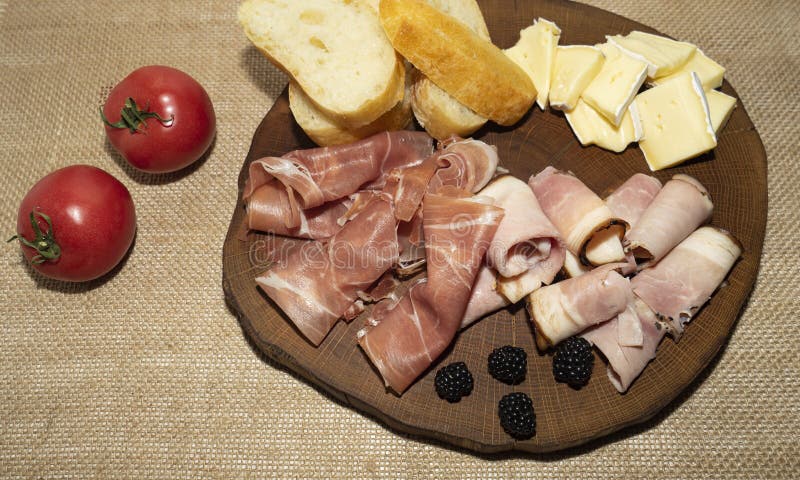 Wine Appetizer. Ham, Parma Ham, Baguette, Cheese on a Wooden Stand ...