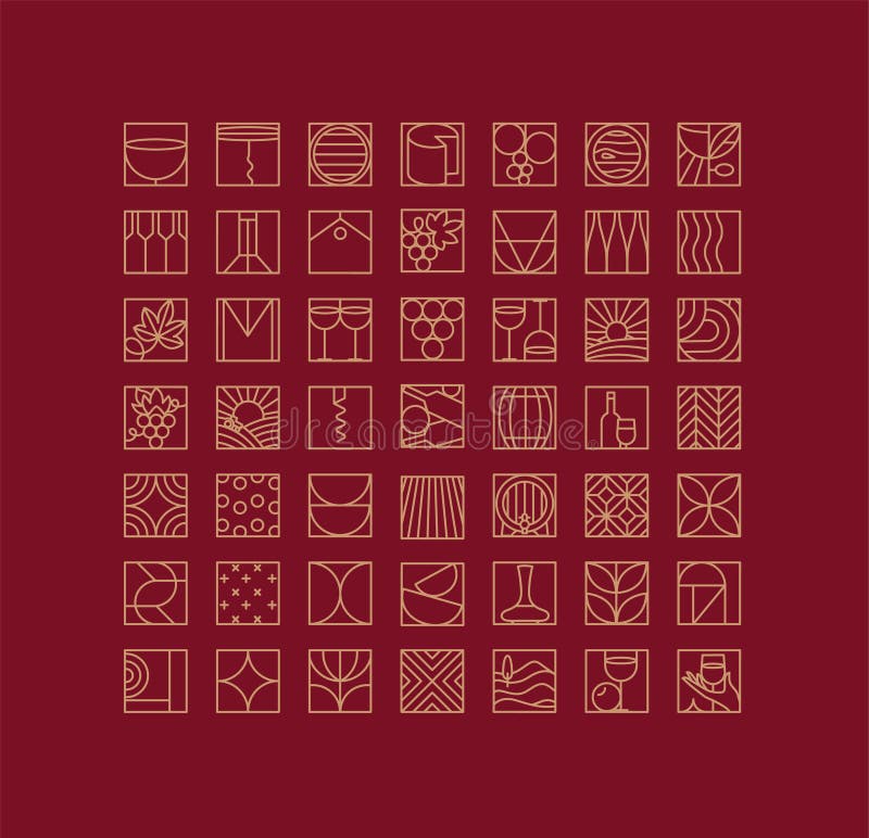 Wine Art Deco Icons in Flat Line Style Red Bg Stock Vector ...