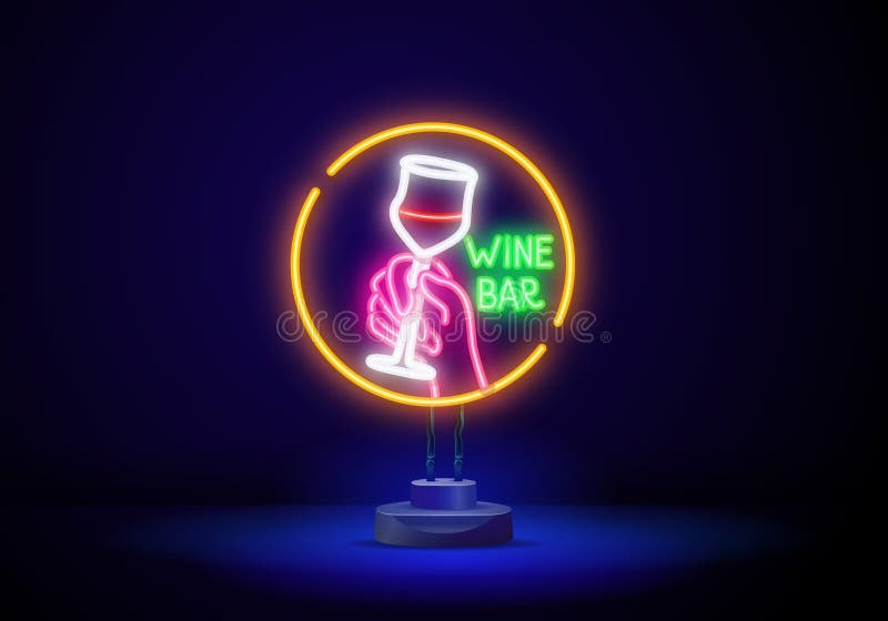 Wine Bar Neon Emblem. Vector Illustration. Neon Sign for Banner ...