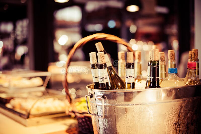 Wine Bar Tasting Set Up Tray Decoration Bottles in Restaurant Stock ...