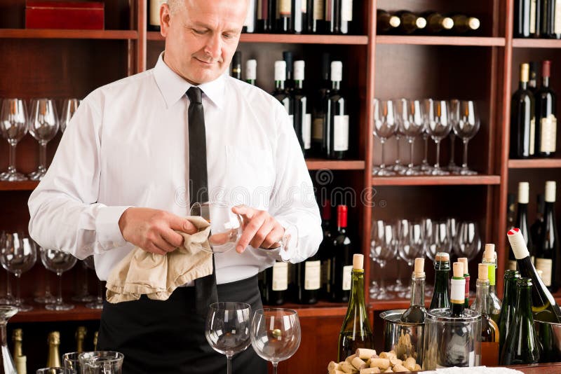 Wine Bar Waiter Clean Glass in Restaurant Stock Image - Image of ...