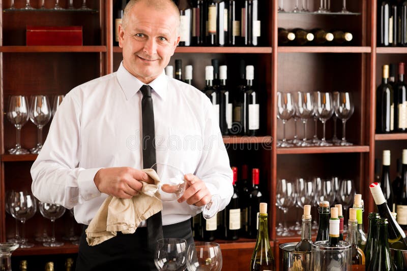 Wine Bar Waiter Clean Glass in Restaurant Stock Image - Image of ...
