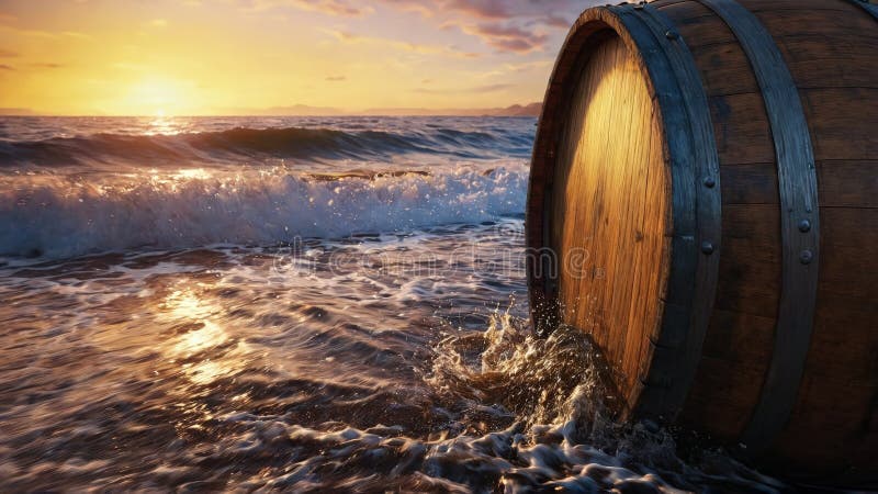 Wine Barrel Wine Drops Rolling Down Crashing Waves Dramatic Sunset ...