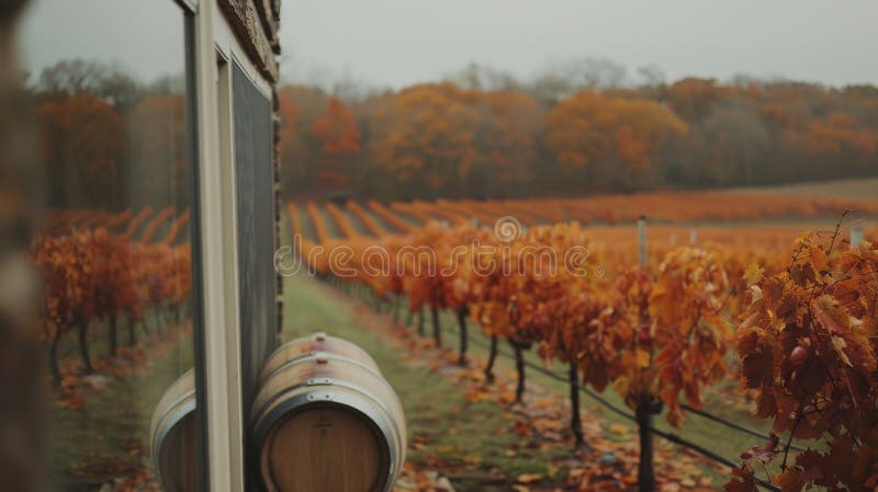 Wine Barrel in Foreground, Scenic View of Autumn Vineyard through ...