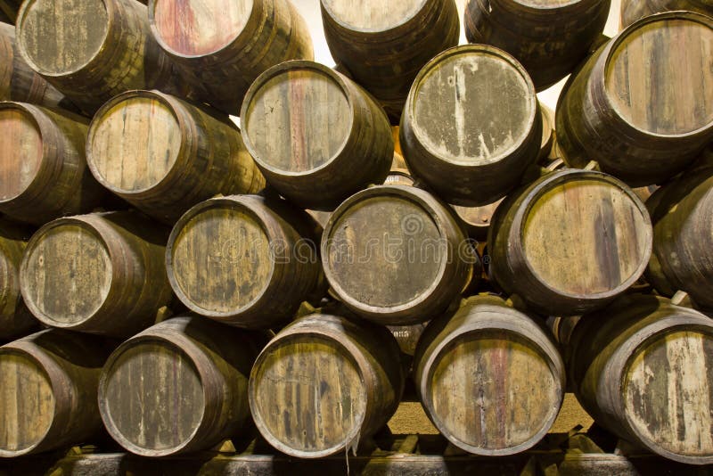 Wine Barrels Stacked in Winery Straight View Stock Image - Image of ...