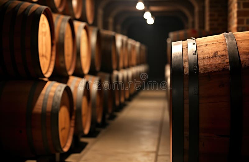 Wine Barrels Lined Up in Dark Cellar. Aged Oak Barrels of Different ...