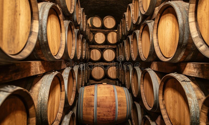 Wine Barrels Stacked in a Cellar Showcasing Traditional Aging Process ...