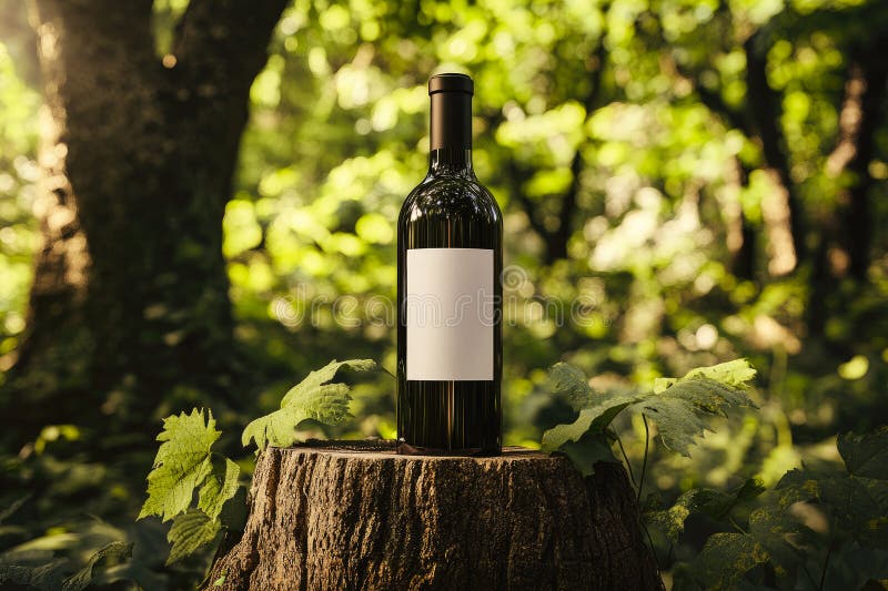 A Wine Bottle with a Blank Label, Placed on a Top a Tree Stump in the ...