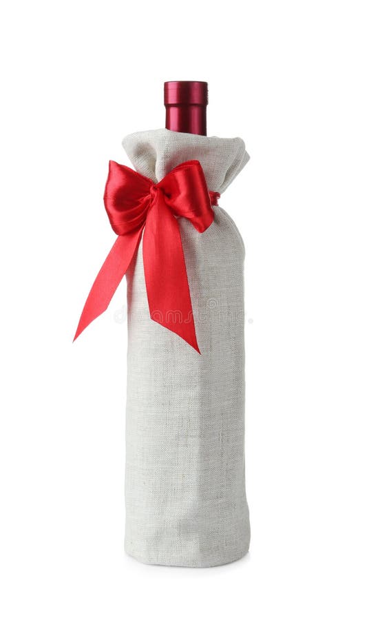 Wine Bottle in Burlap Package with Red Ribbon Isolated on White Stock ...