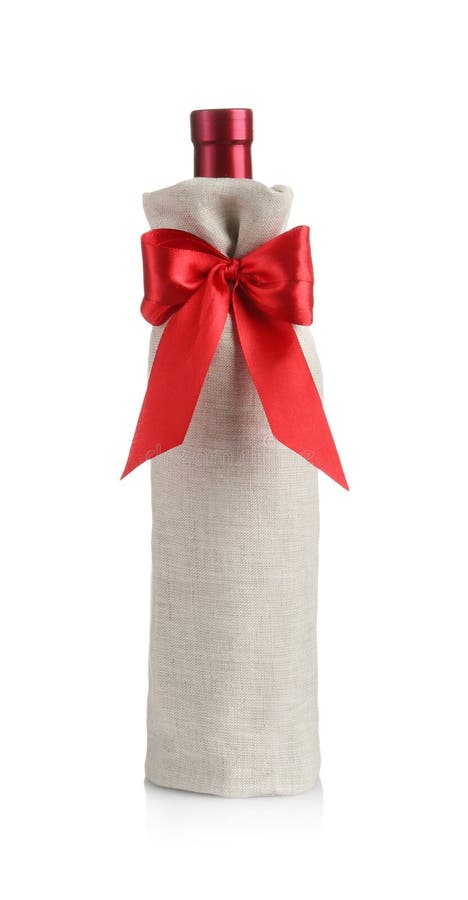 Wine Bottle in Burlap Package with Red Ribbon Isolated on White Stock ...