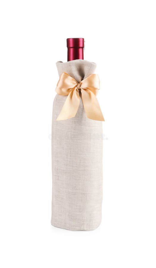 Wine Bottle in Burlap Package with Ribbon Isolated on White Stock Image ...