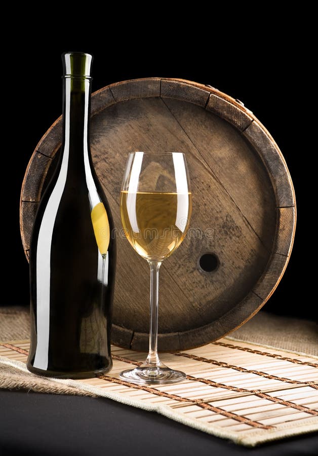Wine Bottle, Glass and Barrel Stock Photo - Image of still, container ...