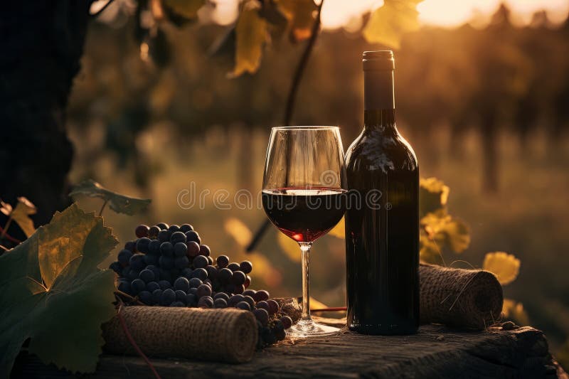 Wine Bottle and Glass of Wine in Vineyard at Sunset. Grapes Complete ...