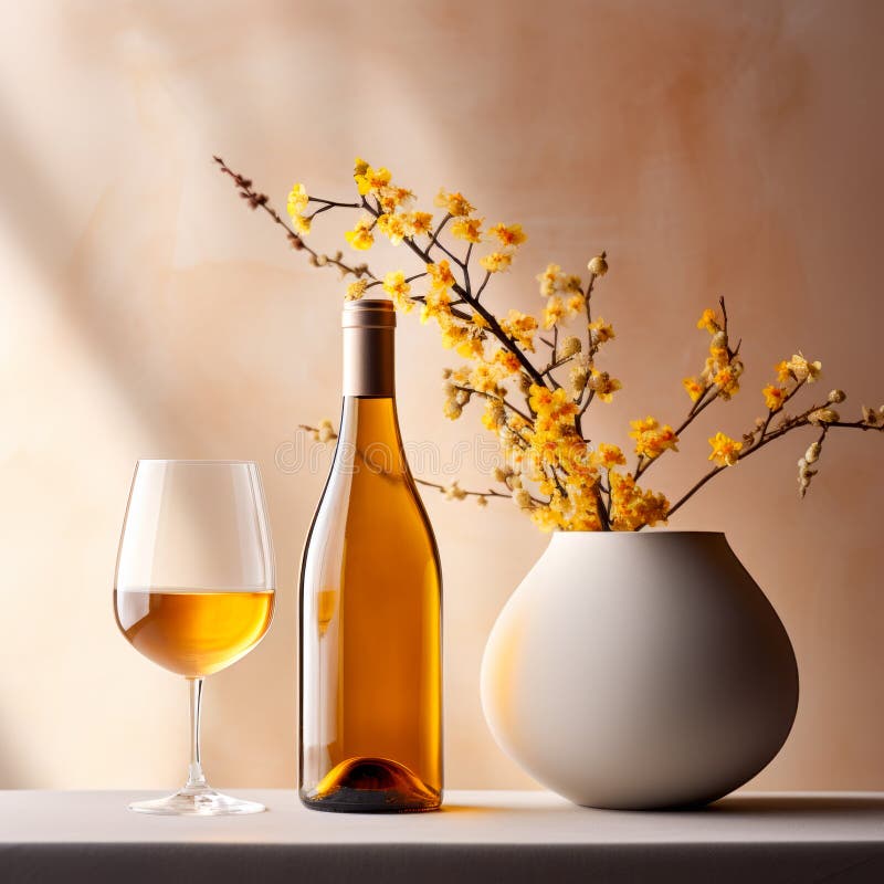 Wine Bottle and Glass of White Wine with Branch of Blooming Cherry Tree ...