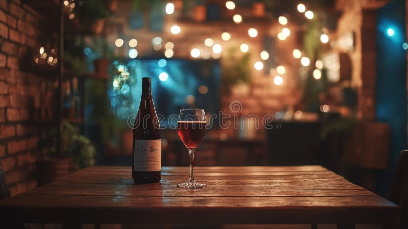 Wine Bottle and Glass on Wooden Table in Dim Lit Setting Stock ...