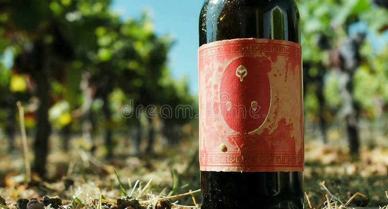Wine Bottle with Red Label in a Vineyard, Close-up Shot in Natural ...