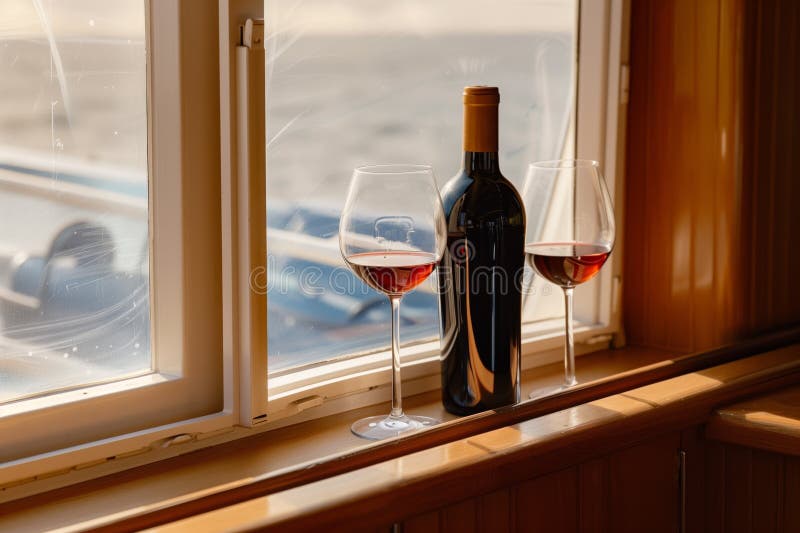 Wine Bottle with Two Glasses on Ship Window Sill Stock Image - Image of ...