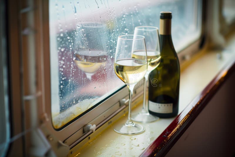 Wine Bottle with Two Glasses on Ship Window Sill Stock Photo - Image of ...