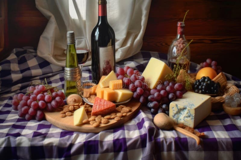Wine Bottles, Cheese Platter, and Grapes on a Checkered Blanket Stock ...
