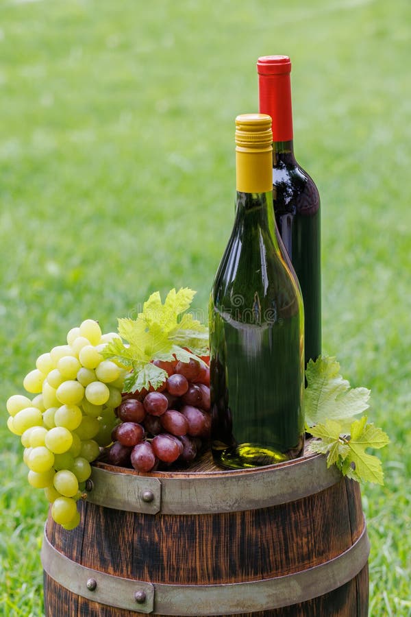 Wine Bottles and Grape on Barrel Stock Photo - Image of harvest ...