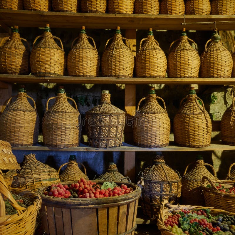 Wine Bottles on Shelves and Baskets with Grapes Stock Image - Image of ...