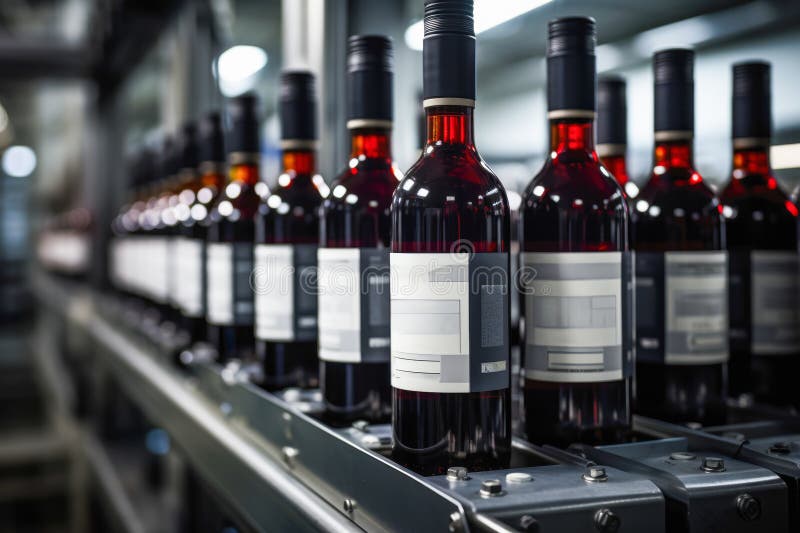 Wine Bottling in a Modern Production Line, Featuring Glass Bottles and ...