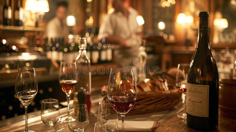 Wine and Bread Table Setting in Parisian Restaurant Stock Illustration ...