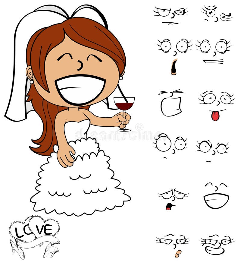 Funny Young Bride Cartoon Expressions Set Stock Vector - Illustration ...