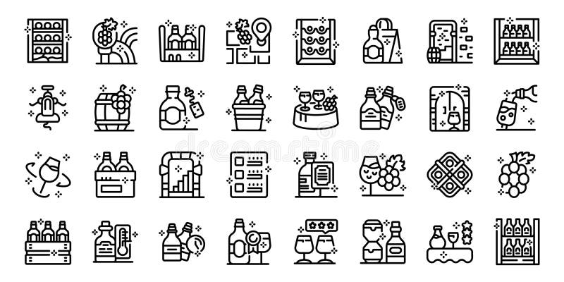 Wine Cellar Interior Icons Set Outline Vector. Wooden Cask Stock ...