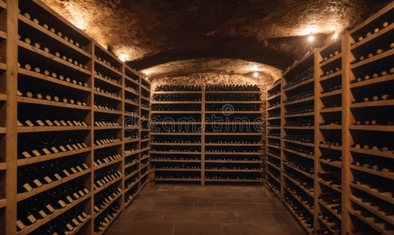 A Wine Cellar with Rows of Wine Bottles on Wooden Shelves Stock Image ...