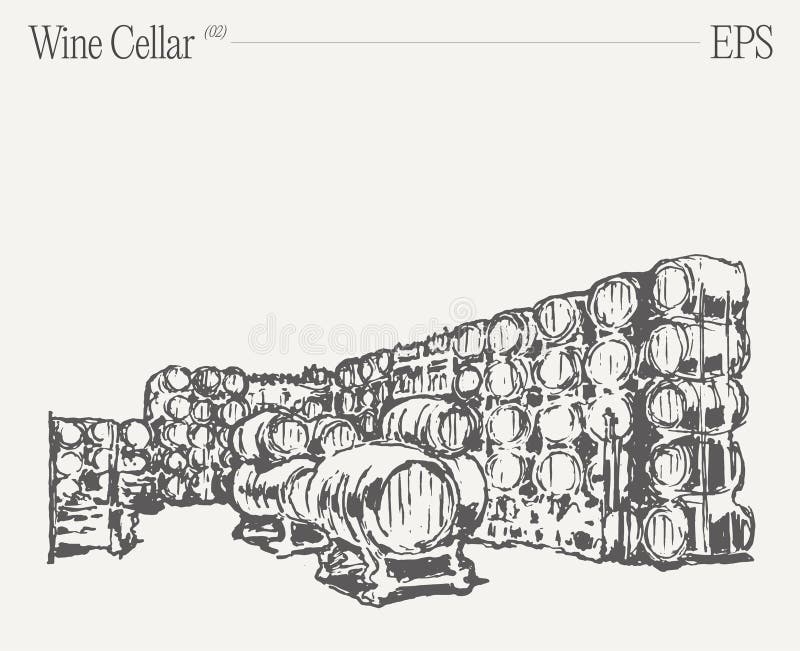 A Wine Cellar Showcasing Stacked Barrels. Hand Drawn Vector ...