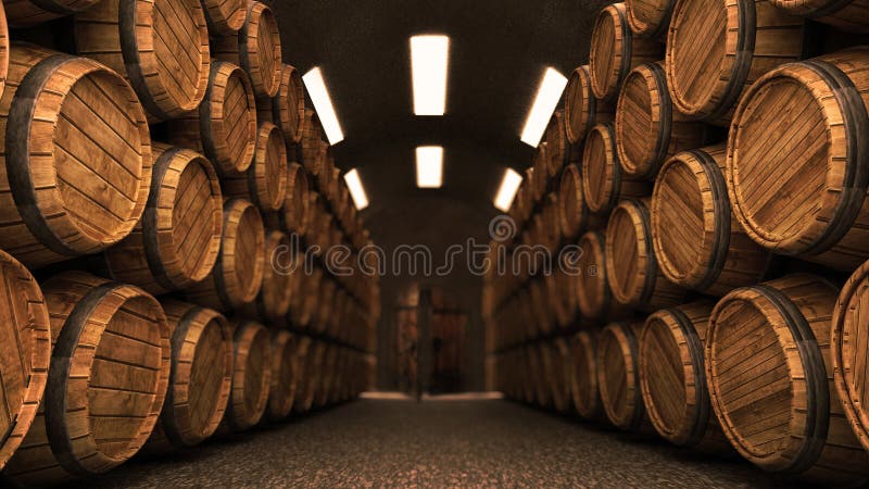 Wine Cellar with Stack of Wooden Barrels. 3D Illustration Stock Illustration - Illustration of ...